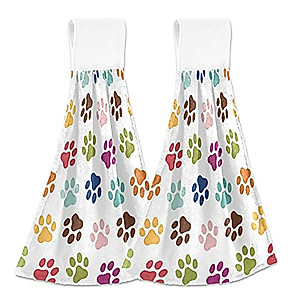 Colorful Dog Paw Hanging Kitchen Towels 2PCS Animal Foot Print Absorbent Soft Quick Dry Washcloths Dish Towels for Bathroom Home Decor