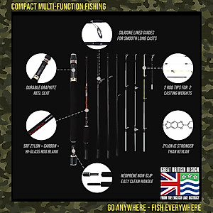 Rigged and Ready X5 Travel Fishing Combination.Super Compact,Carry Size 40cm(15.8’),Multi-Functional Rod+4 Tips,1 Spin Reel +1 Fly Reel + case. 1 Rod 5 Fishing Options.2.22m(7’ 3”)+1.9m (6'3") Length