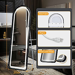 S'bagno 63"x20" Arched-Full-Length-Mirror-with-Lights, Bedroom Full-Body-Floor-Mirror Aluminum Black Frame, Wall-Mounted Hanging Dressing-Mirror with Touch Dimming& 3000K 4000K 6500K