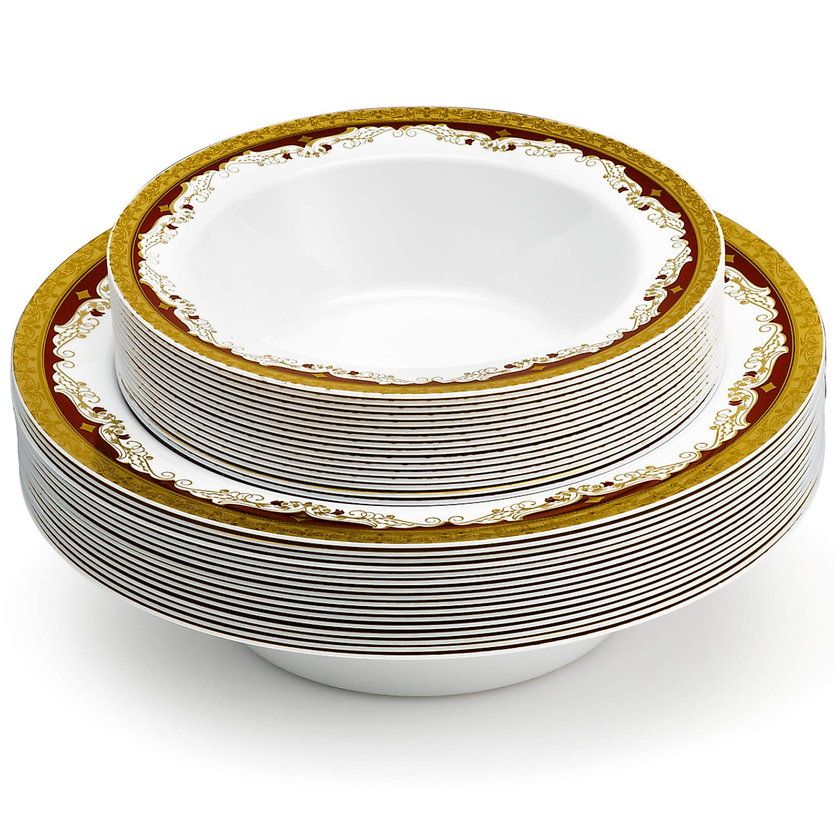 Laura Stein Designer Dinnerware Set | 64 Disposable Plastic Party Bowls | White Wedding Bowl with Burgundy Rim & Gold Accents | Set Includes 32 x 12 oz Soup Bowls + 32 x 5 oz Dessert Bowls | Vintage