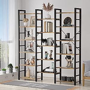 oneinmil Triple Wide 6-Shelf Bookcase Industrial Vintage Wood Style Large Open Bookshelves for Home&Office, Rustic Brown (6 Tier, Rustic Brown)