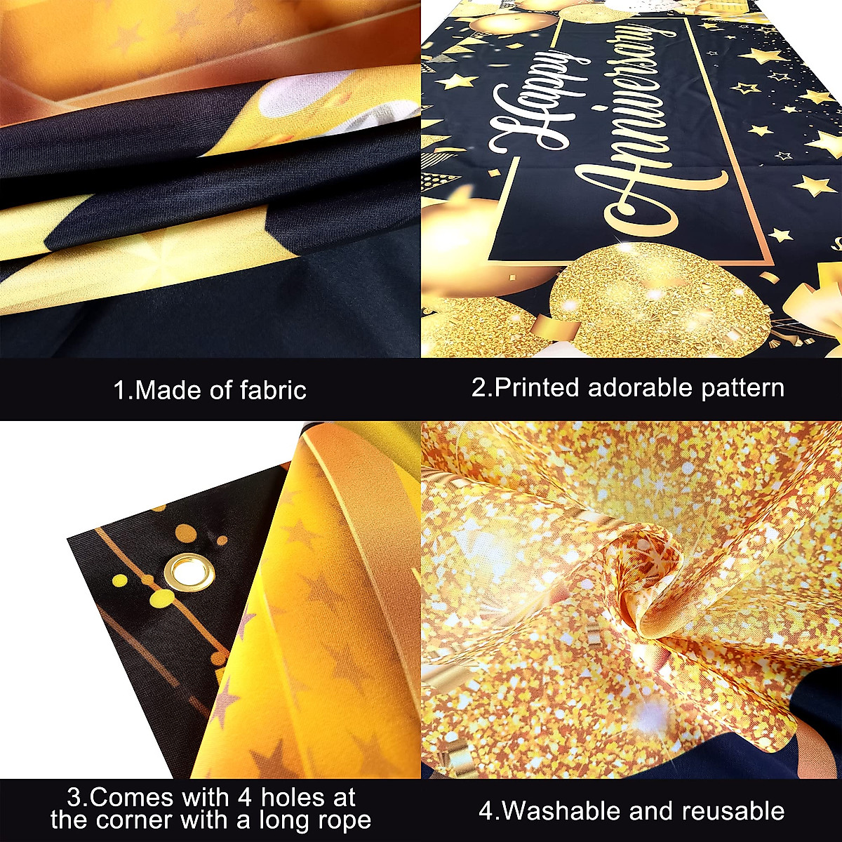 KatchOn, Happy Anniversary Banner Black and Gold - XtraLarge, 72x44 Inch | Happy Anniversary Decorations for Party, Happy Anniversary Backdrop | Happy Anniversary Sign, Wedding Anniversary Decorations