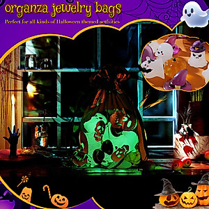 QPRETTY DU 100PCS Halloween Organza Gif Bags Set, 25PCS Glow in The Dark Resin Figures,25PCS Tattoo Sticker,Black Drawstring Gift Bags,4×6 Mesh Candy Gift Bags for Halloween Party Favors Set