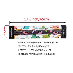 U'COVER Cute Dinosaur Birthday Wrapping Paper for Boys Girls Kids Baby Shower 3 Styles Cartoon Animal Monster Gift Wrapping Paper Roll for Holiday Anniversary Graduation (3 ROLL-44.4 sq.ft.ttl