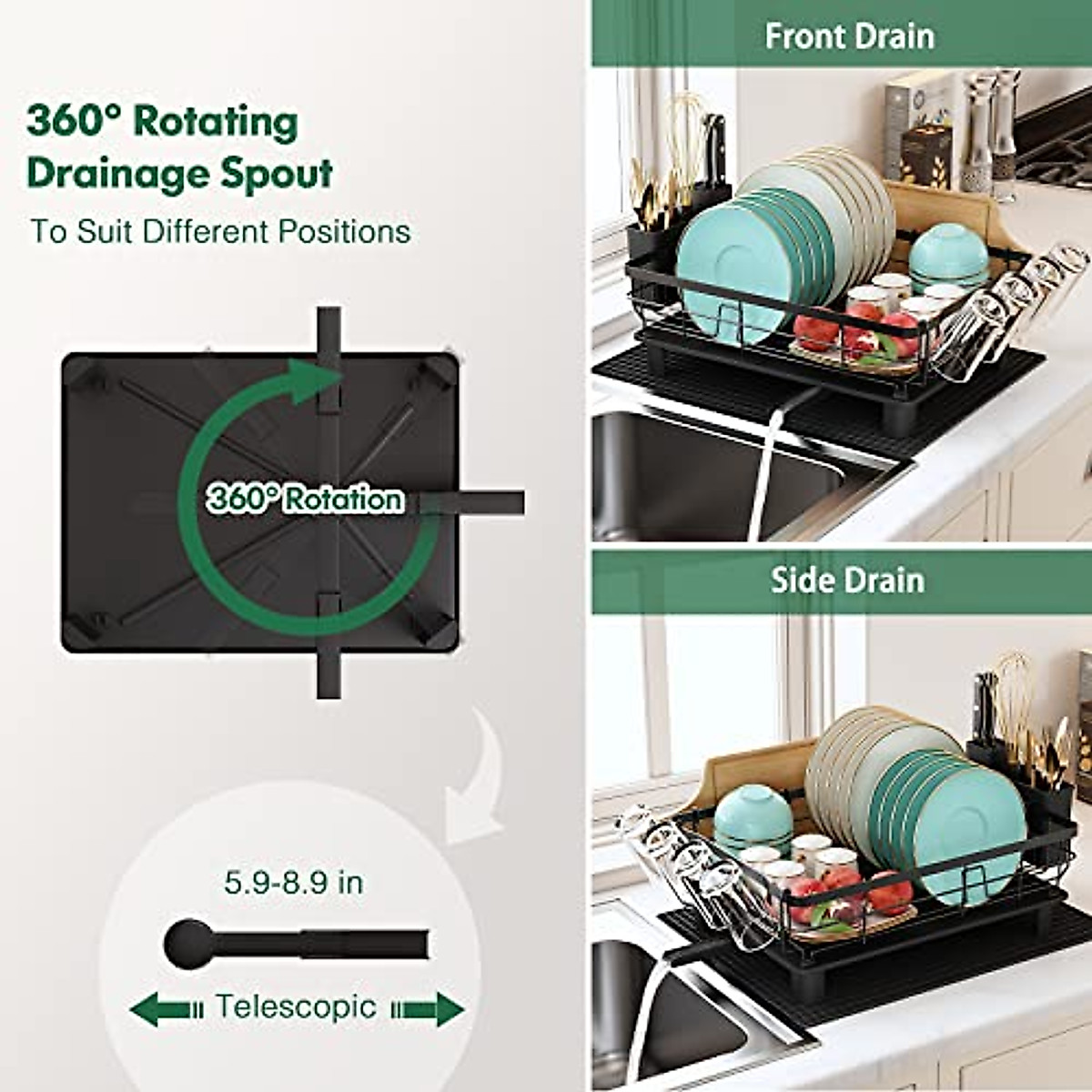 Qienrrae Dish Drying Rack with Drainboard Set, Stainless Steel Dish Drainers for Kitchen Counter, Dish Strainer with Utensil Holder, 360° Swivel Spout and Extra Dryer Mat, Black