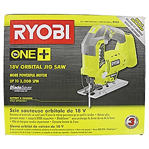 Ryobi One+ P523 18V Lithium Ion Cordless Orbital T Shank 3,000 SPM Jigsaw (Battery Not Included, Power Tool and T Shank Wood Cutting Blade Only)