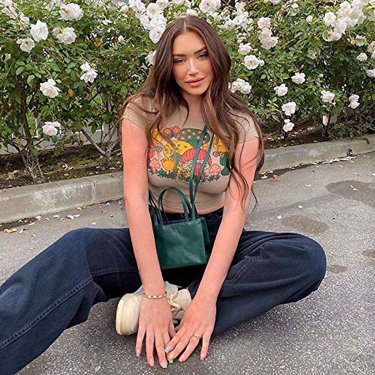 Women Cute Graphic Print Crop Top T-Shirt Aesthetic Short Sleeve Tee Tops Y2k E Girl Clothing(B Mushroom,S)