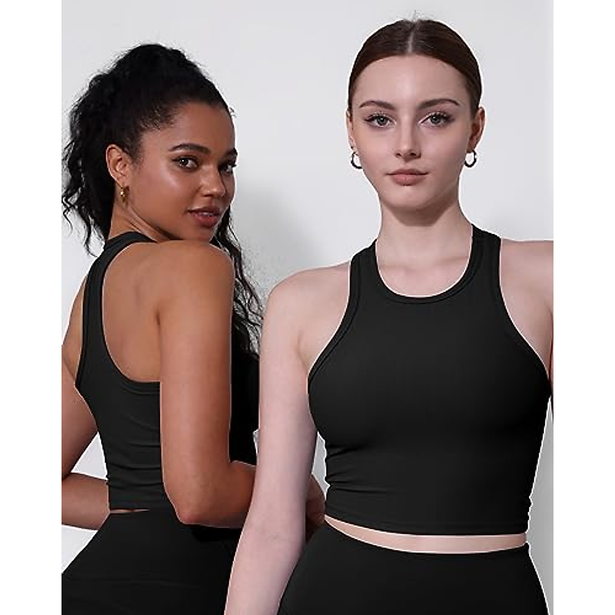 ODODOS Women's Crop 2-Pack Racerback High Neck Ribbed Cropped Tank Tops, Black+Black, Small