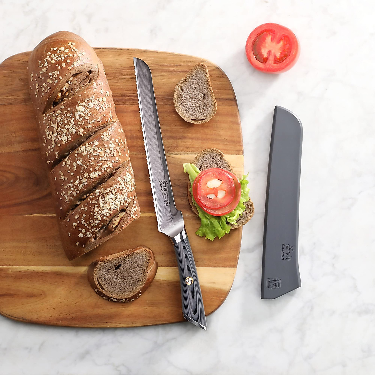 Cangshan NAKA Series 503060 X-7 Steel Forged 9-inch Offset Bread Knife with Sheath