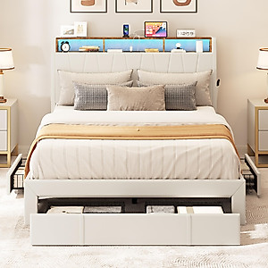 YITAHOME Queen Size Bed Frame, Storage Bed Frame with 4 Drawers & LED Light, Platform Bed with Storage Upholstered Headboard and Charging Station, No Box Spring Needed, Easy Assembly, Beige