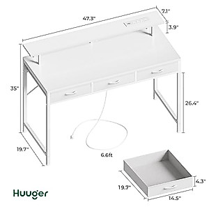 Huuger 47 inch Computer Desk with 3 Drawers, Office Desk Gaming Desk with LED Lights & Power Outlets, Home Office Desks with Storage Space for Bedroom, Work from Home, White