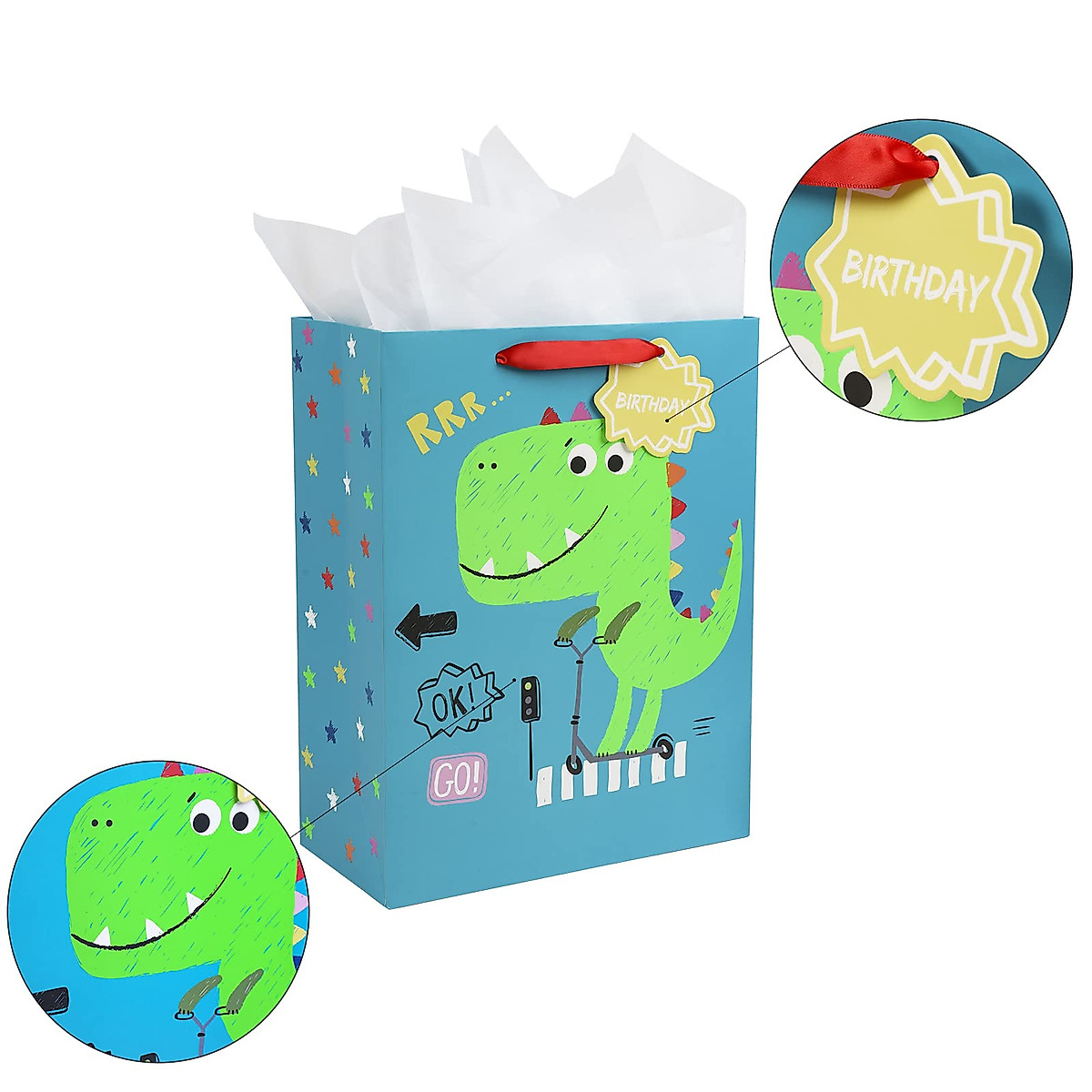 MAYPLUSS 13" Baby Boy Gift Bag Large Gift Bag with Birthday Card and Tissue Paper - Dinosaur Patterns for Boys, Baby Shower, Birthday,Party, and More