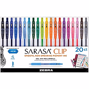 Zebra Pen Sarasa Clip Retractable Gel Pen, Fine Point, 0.5mm, Rainbow Assorted Colors, 20-Pack