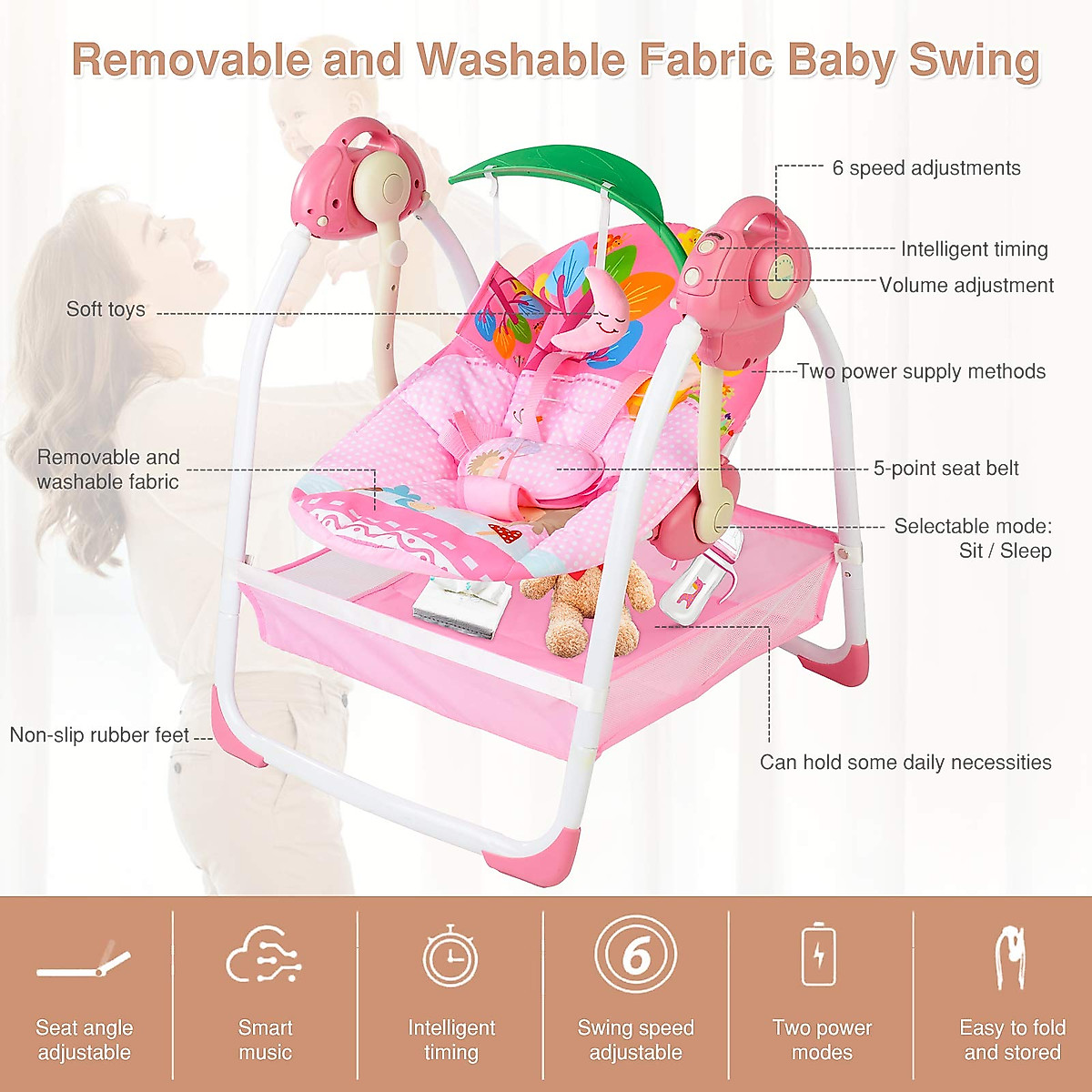 Baby Swing for Infants, Portable Baby Swing with 6 Motions, Toddler Swing with Music, Sounds, Timing, Baby Rocker with 2 Toys, Plsuh Seat & Soft Head Support, Machine Washable Fabric (Pink)