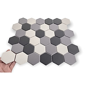 Matte Unglazed 2 Inch Mix Grey Blend Honeycomb Hex 2x2 Gray Porcelain Mosaic Floor Wall Tile Backsplash for Kitchen Bathroom Shower, Accnt Decor, Fireplace, Flooring (Box of 10 Sheets) (Mid Grey)