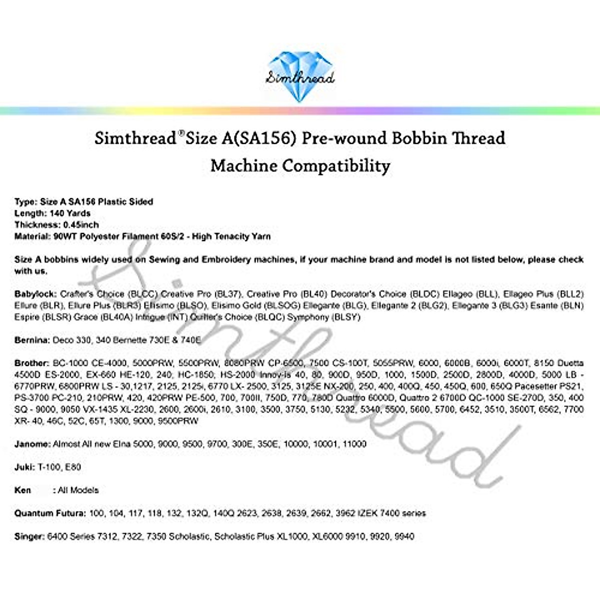 Simthread 144pcs White 90 Weight WT(60S/2) Prewound Bobbins Thread Size A Class 15 Plastic Sided for Brother Babylock Embroidery Thread Sewing Thread Machine DIY