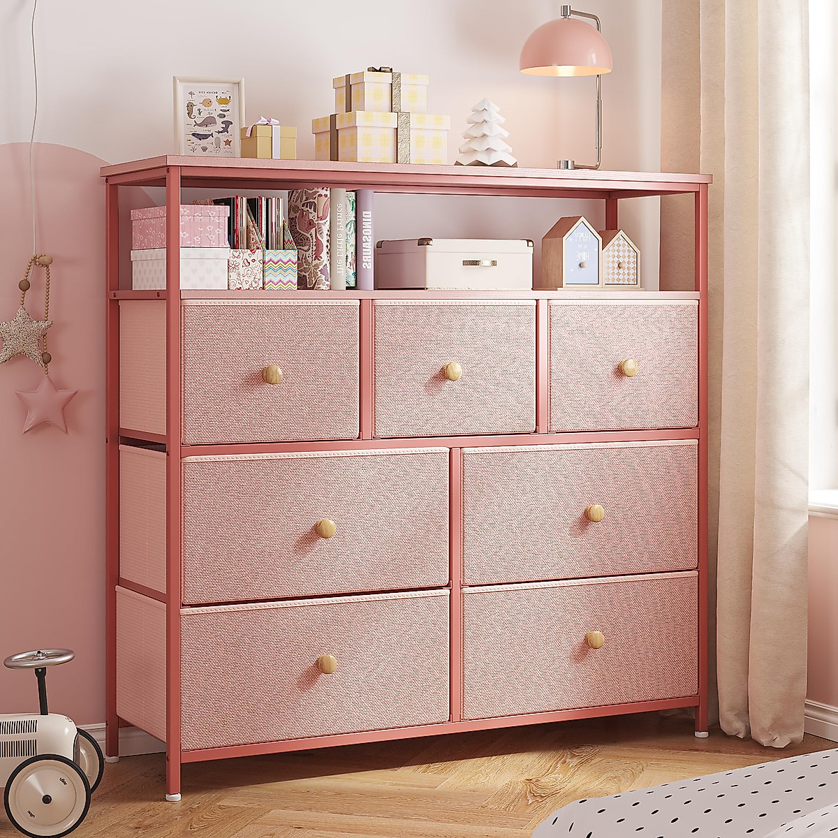 EnHomee Pink Dresser for Bedroom Dresser with 7 Drawers & 2 Shelves,Fabric Dressers & Chests of Drawers for Room, Closet,Lightweight