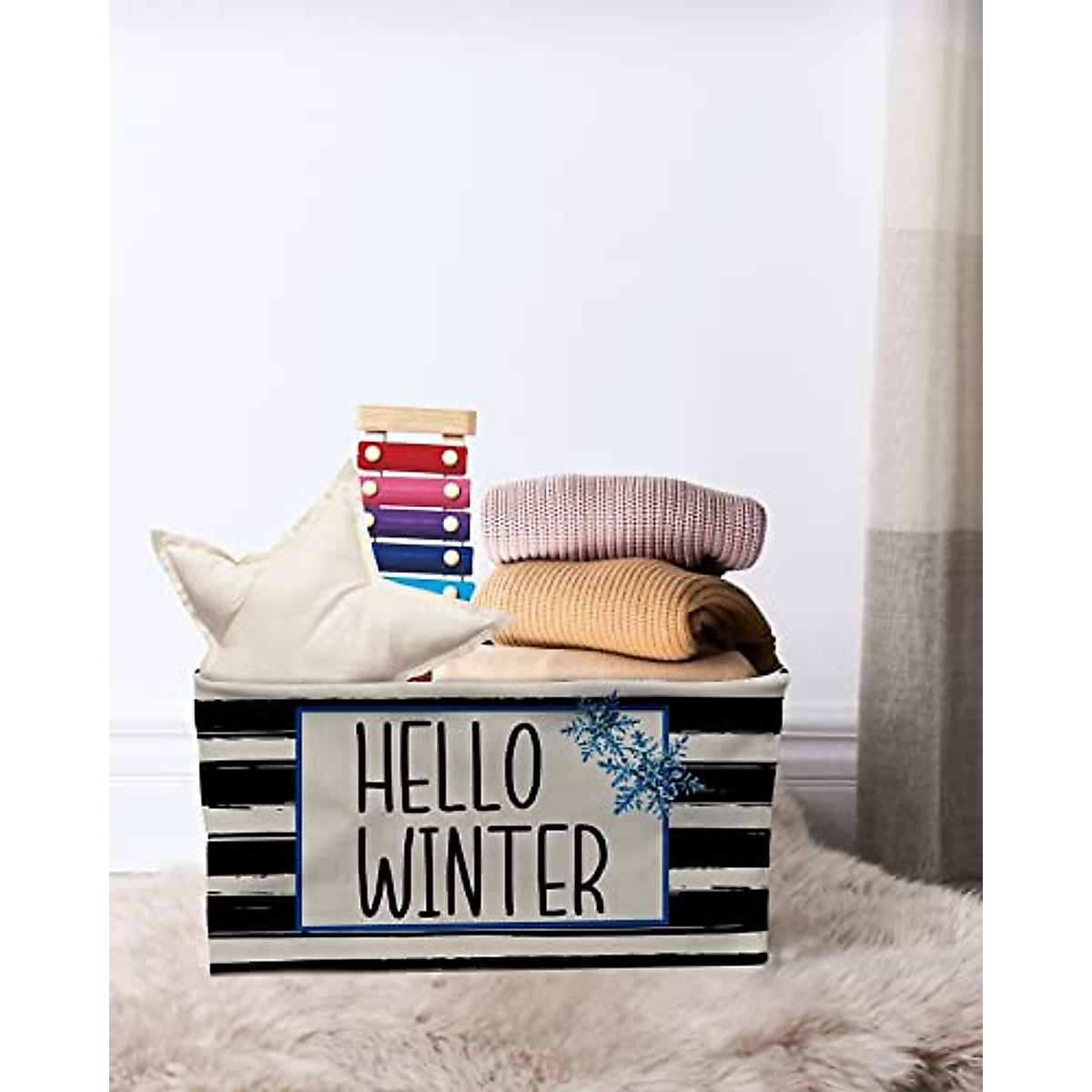 Large Storage Baskets Bins 2 Pack Hello Winter Snowflake Collapsible Storage Box Laundry Organizer for Closet Shelf Nursery Kids Bedroom Christmas Black Striped