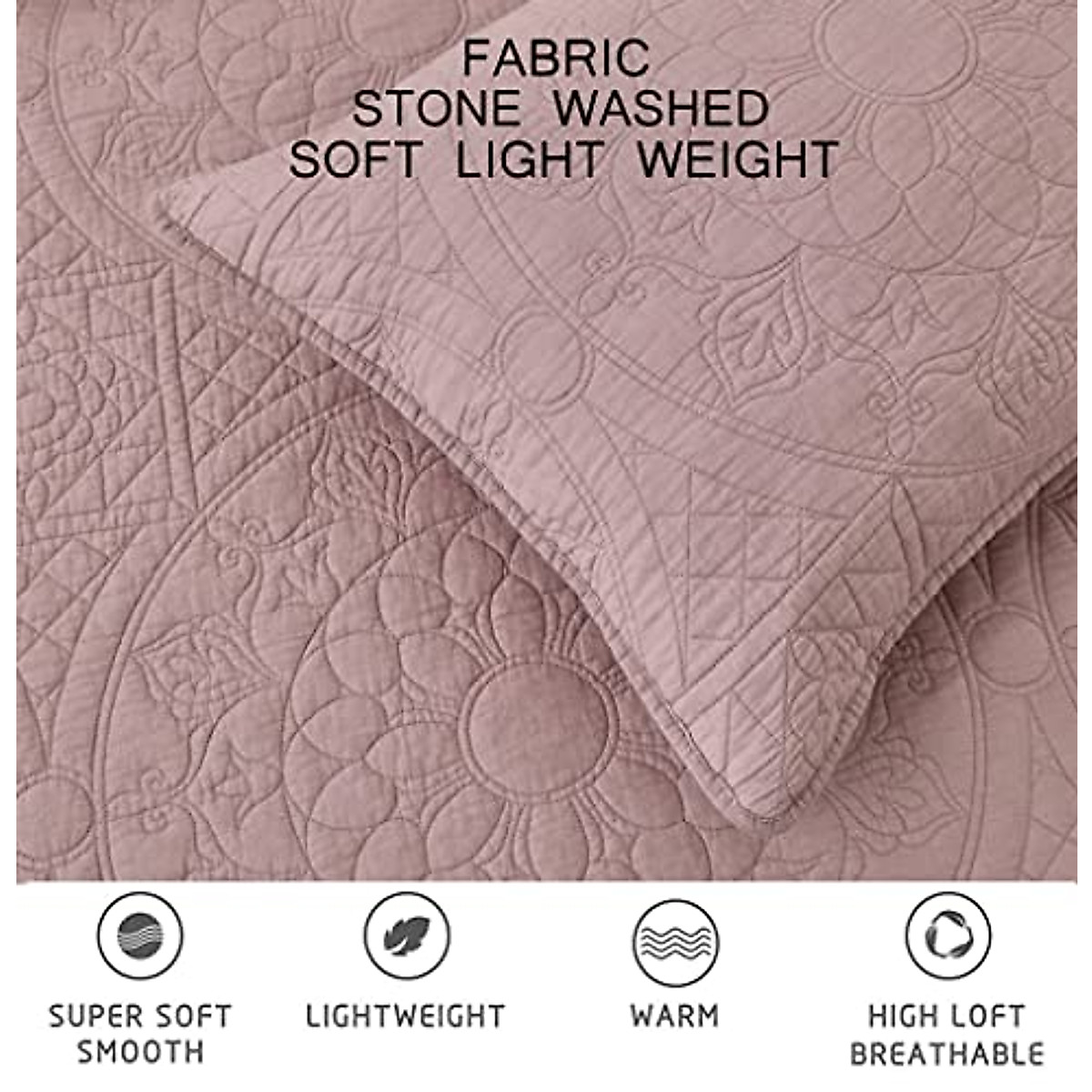 Chezmoi Collection Octavia 3-Piece Floral Medallion Embroidered Bedspread Coverlet Set - All Season Bed Cover Pre-Washed Cotton Quilt Set, Queen Size, Woodrose