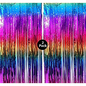 2 Pack Backdrop Curtain 3.3FT x 8.1FT Metallic Tinsel Foil Fringe Curtains Photo Booth Background for Birthday Party Baby Shower Wedding Engagement Bridal Decorations Sparkly Rainbow