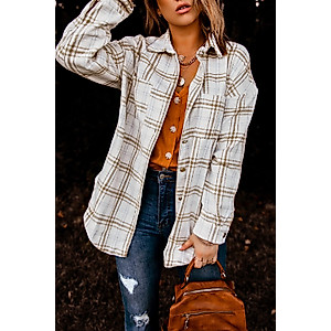 PRETTYGARDEN Women's Fall Clothes Plaid Shacket Jacket Trendy Casual Long Sleeve Button Down Flannel Shirts Fashion Blouse(Plaid Khaki,Medium)