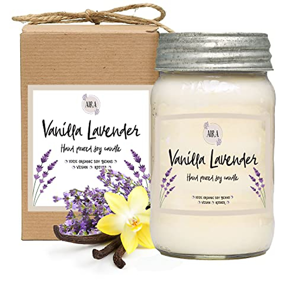 Aira Soy Candles - Organic, Kosher, Vegan, in Mason Jar w/Therapeutic Grade Essential Oil Blends - Hand-Poured 100% Soy Candle Wax - Paraffin Free, Burns 110+ Hours -Vanilla Lavender Scent -16 Ounces