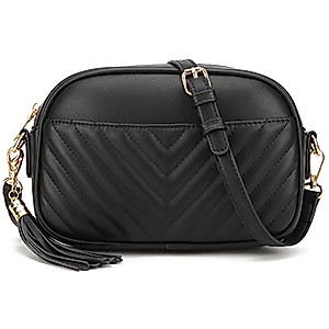 lola mae Quilted Crossbody Bag, PU Lightweight Shoulder Purse Top Zipper Tassel Accent Black Purse(Black-729)