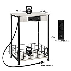 Vrisa Nightstands Set of 2 with Charging Station Small Bedside Tables with Storage Basket Farmhouse Night Stand with USB Ports and Outlets for Bedroom Living Room Home Decor Gray White