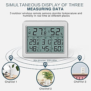 AMIR Indoor Outdoor Thermometer, 3 Channels Digital Hygrometer Thermometer with 3 Sensor, Temperature Humidity Monitor with LCD Display, Wireless Humidity Gauge for Home, Baby Room