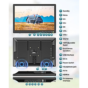 Desobry 17 Inch Small TV with 1080P HDMI Input, Portable TV with Antenna ATSC Tuner, Rechargeable Battery Operated TV Portable Monitor Built-in TV Stand, Mini TV for Bedroom, Kitchen, Camping, RV