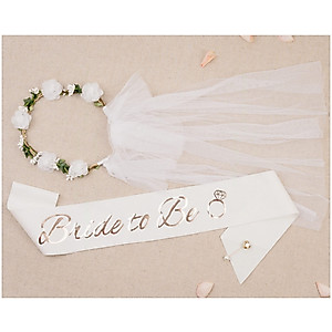 PapaKit Premium Bride to Be Party Sash, Floral Veil & Jewelry Pin Set, Glitter Sparkling Pearl White | Bachelorette Bridal Shower Engagement Wedding Party Favor Gift Decoration Supply