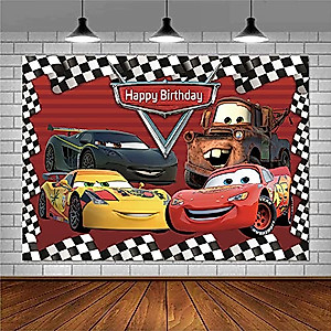 7x5ft Cartoon Car Mobilization Photography Backdrop Racing Story Red Gird Checkered Photo Background for Boy Kids Cars Theme Happy Birthday Party Decoration Banner