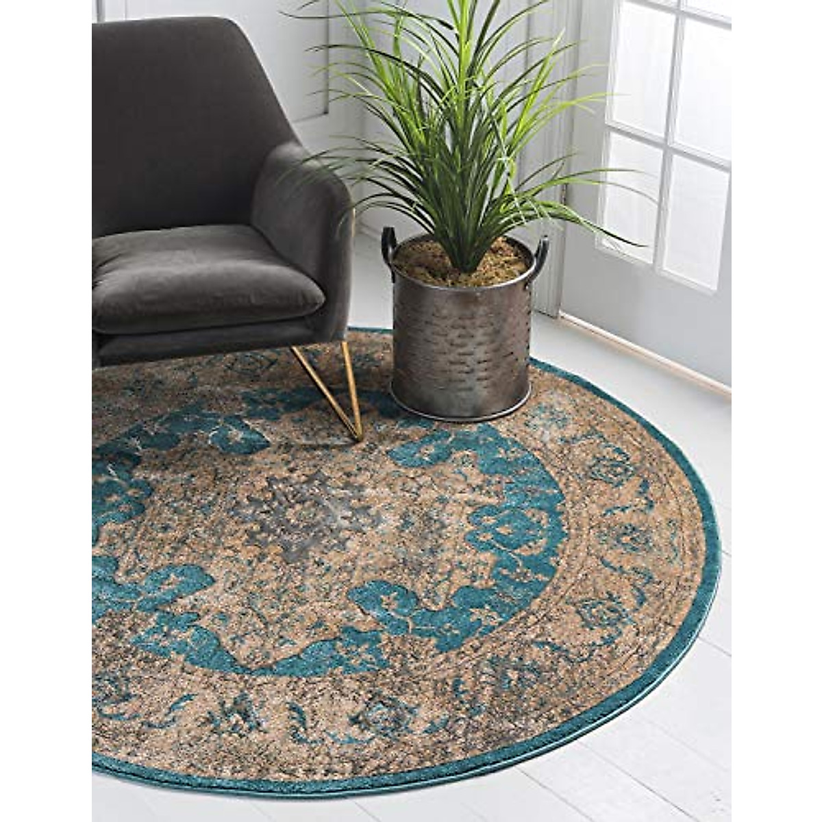 Unique Loom Aurora Collection Over-Dyed, Abstract, Botanical Southwestern, Transitional Area Rug, 8 ft x 8 ft, Teal/Beige