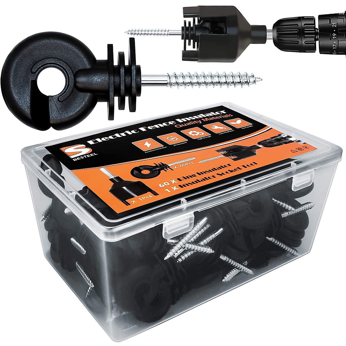 60 Pcs Black Electric Fence Insulator Screw-in Insulator Fence Ring Post Wood Post Insulator and 1 Pc Free Insulator Socket Tool