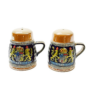 Bayern Crown & Lions Engraved Beer Stein German Kitchen Ceramic Salt and Pepper Shakers Set by E.H.G