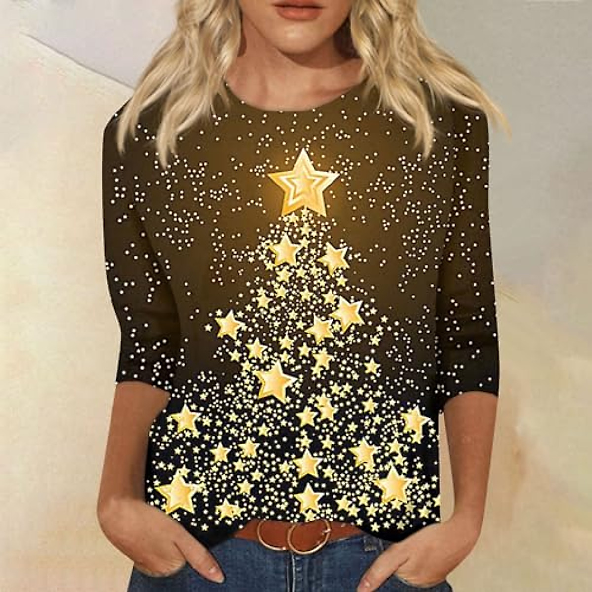 Christmas Womens Blouses Lined Pocket Christmas Basic Tops Crew Neck Tie Dye Christmas Women Tunic Tops Stretch Women's Flannel Shirts 04 Gold 3XL
