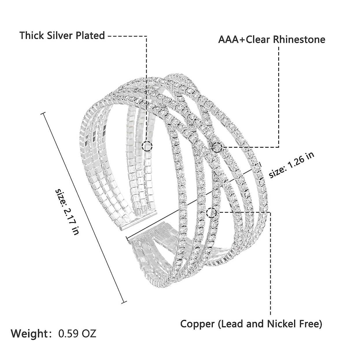 Ecesha Sparkly 6 Rows Cross Rhinestone Crystal Multilayer Arm Cuff Bangle Bracelet for Women Costume Jewelry Formal Wedding Party (Style A & Silver Plated)