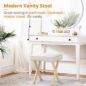 LUE BONA Vanity Stool, Square Linen Makeup Stool with Metal X Legs, Small Ottoman Stool Chair for Vanity, Modern Padded Vanity Seat Foot Rest Stool for Makeup Room, Bathroom, Linen Color