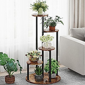 LITTLE TREE 5-Tier Corner Plant Stand, Free Standing Wood Metal Flower Rack Pot Shelf Display with Round Board, Garden Patio Balcony Plant Holder for Indoor Outdoor Living Room, Bedroom, Rustic Brown
