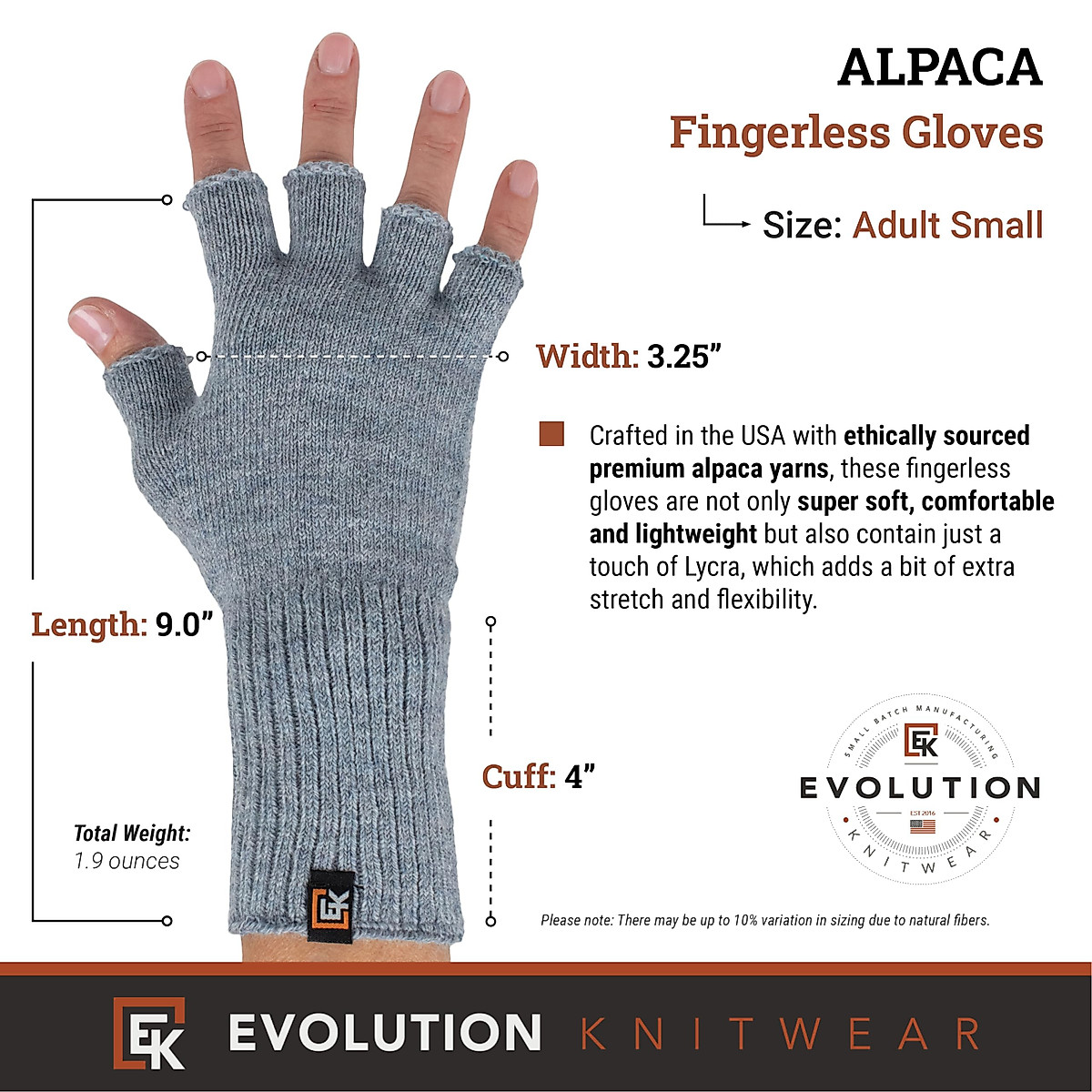 Evolution Knitwear Alpaca Knit Fingerless Gloves - Super Soft Baby Alpaca - Made in the USA - Small - Blue Grey