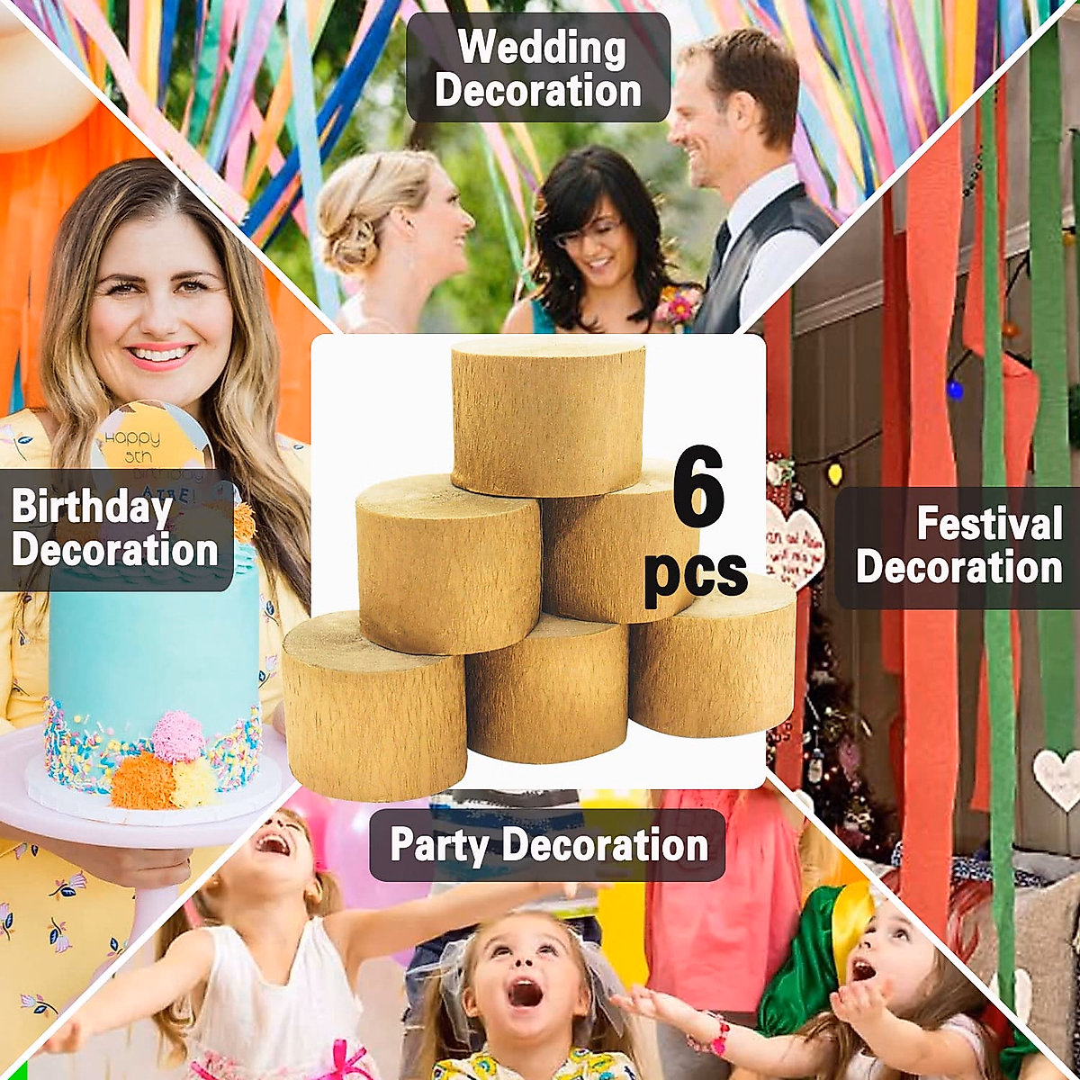 Gold Crepe Paper Streamers 6 Rolls for Party Streamers Decorations Birthday Wedding Baby Bridal Shower Backdrop Craft Supplies (1.8 Inch x 82 Ft/Roll，492ft)