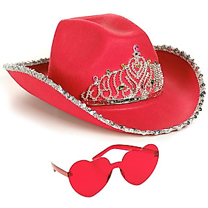 Funcredible Red Cowboy Hat and Glasses - Preppy Cowgirl Hat with Tiara - Sparkly Cowboy Hat - Cowgirl Outfit Accessories for Women and Girls
