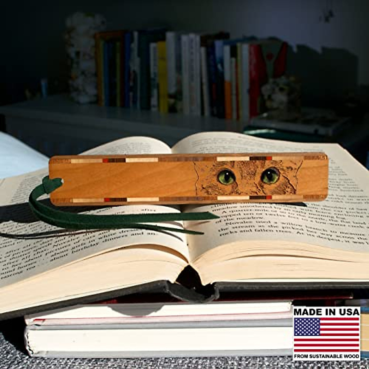 Cat Eyes, Engraved and Colorized Wooden Bookmark with Suede Tassel - Made in USA - Also Available Personalized