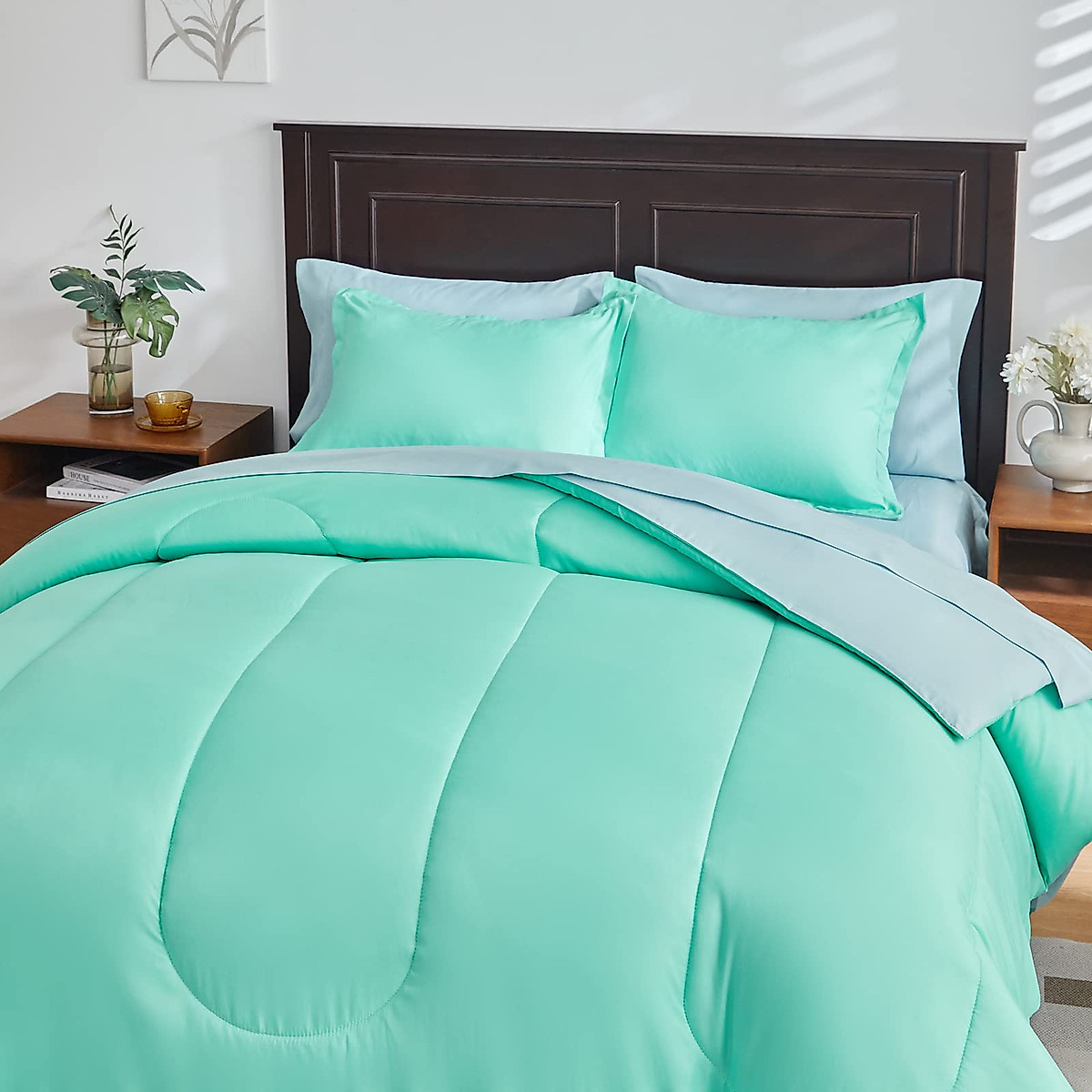 UOZZI BEDDING Teal King Comforter Set 7 Pieces Bed in a Bag with Spring Comforter King Size,Blue Sheets, Pillowcases & Shams Reversible Soft All Season Bed Set