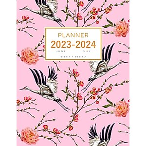 Planner 2023-2024: 8.5 x 11 Weekly and Monthly Organizer from June 2023 to May 2024 | Traditional Japanese Bird Flower Design Pink