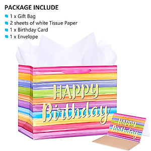 ZGORENDZ 14" Large Gift Bag with Matching Tissue Paper, Card & Envelope for Birthdays Party Colorful Happy Birthday Gift Bag