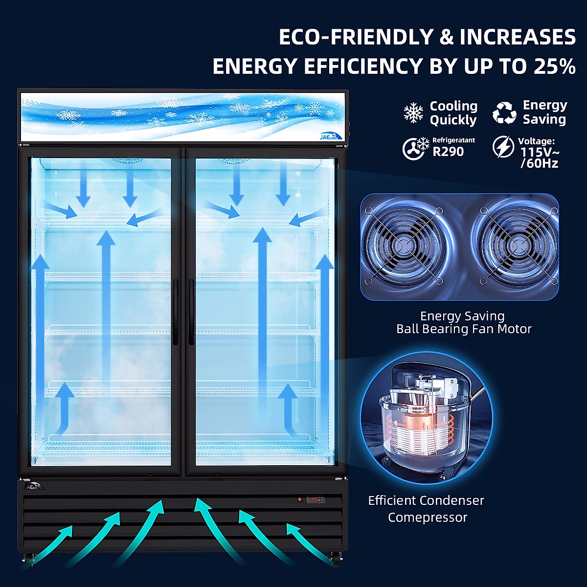 JAE Double Doors Merchandiser Refrigerator, Low-E Tempered Glass Display Refrigerator, Auto-defrost Upright Beverage Cooler w/Digital Temp. Control, R290 Eco-friendly Compressor, ETL, 31.1 Cu. Ft