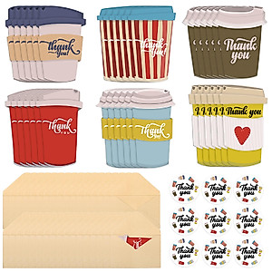 Tenceur 72 Set Employee Appreciation Gifts Including 72 Coffee Cup Thank You Cards Funny Blank Coffee Greeting Cards with 72 Envelopes 72 Stickers Small Business Appreciation Card for Party Office