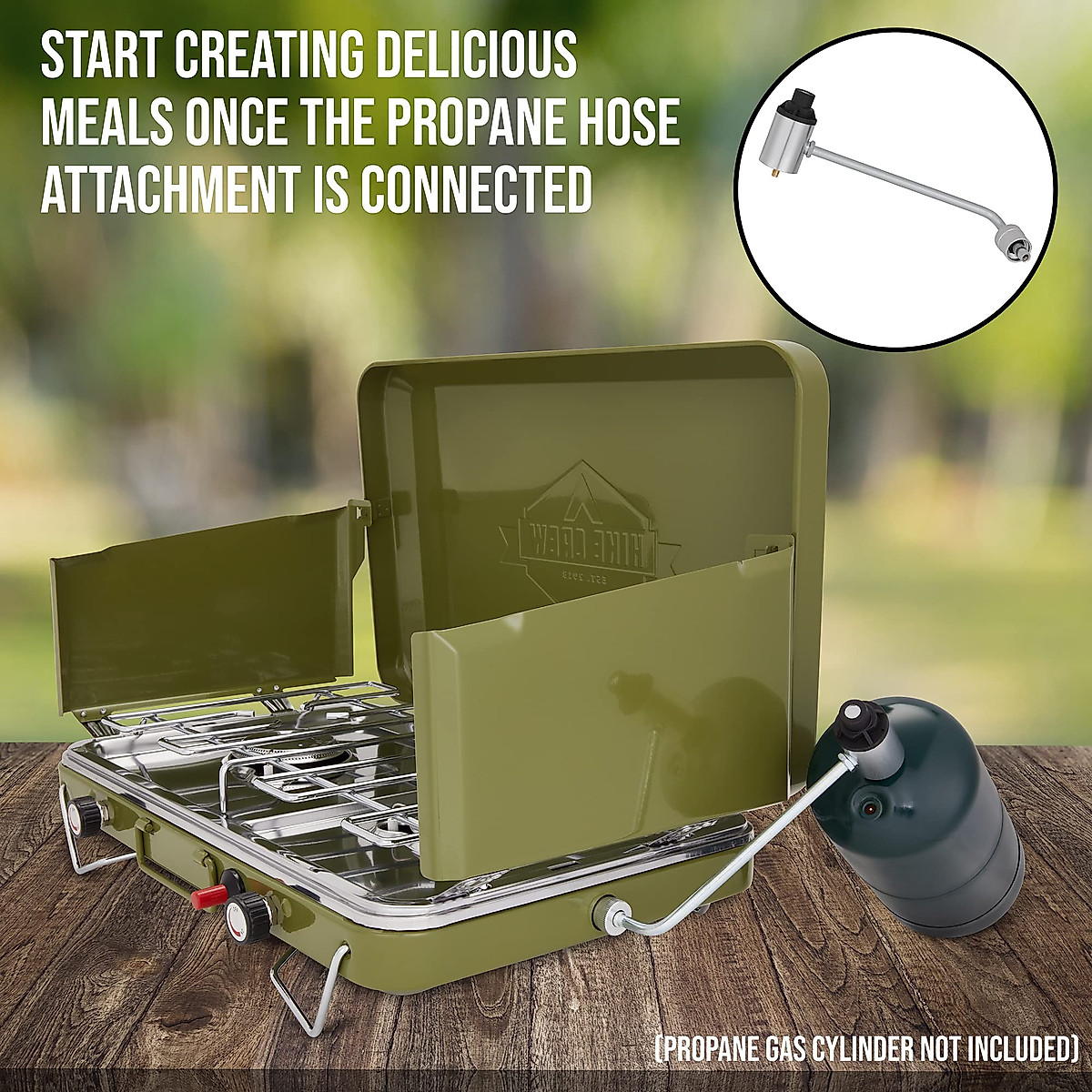 Hike Crew Gas Camping Stove | 20,000 BTU Portable Propane 2 Burner Stovetop | Integrated Igniter & Stainless Steel Drip Tray | Built-in Carrying Handle, Foldable Legs, Wind Panels | Includes Regulator