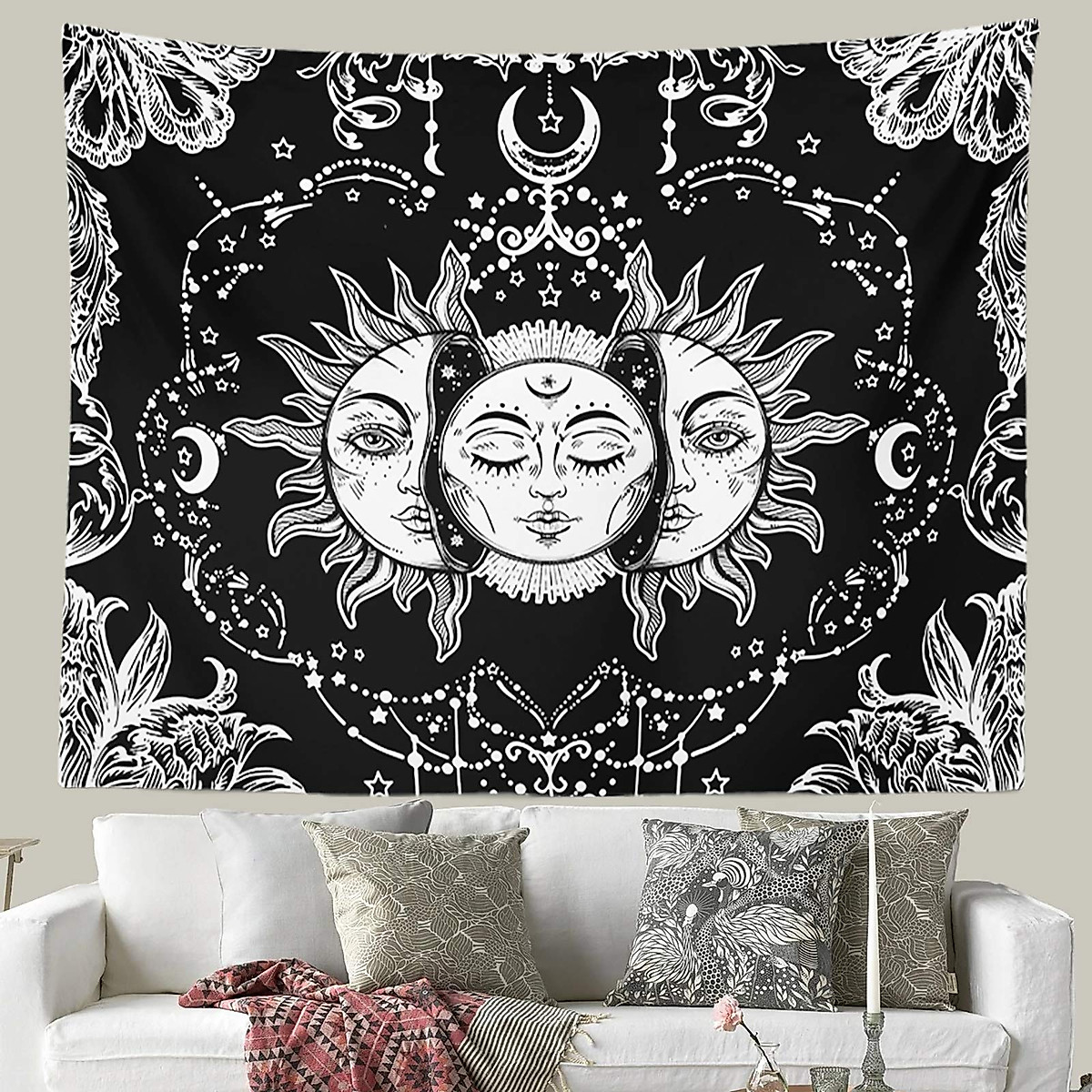 Ftuency Sun and Moon Tapestry Black and White Tapestries Mystic Burning Sun with Star Wall Hanging decor for Bedroom(94.5" W x 70.9" L)